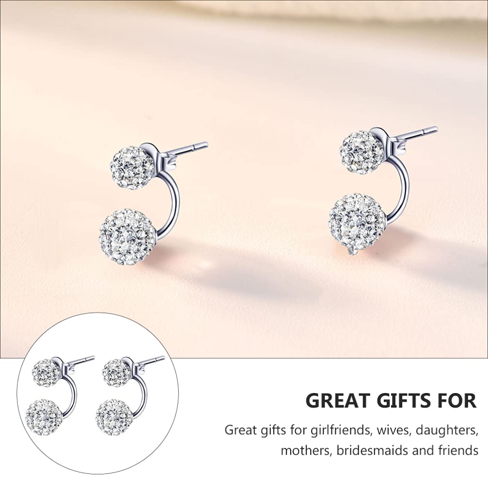 Generic 925 Sterling Silver Double Ball Earrings 1 Pair Chic Round Rhinestones Crystal Ear Studs Front Back 2 in 1 Diamond Earing Jewelrie Shiny Glittering Women Ear Ornament Piercing Retainers