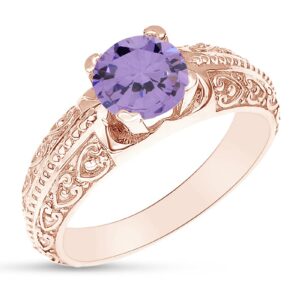 AFFY Round Shape Simulated Alexandrite In 14K Rose Gold Over 925 Sterling Silver Ring Size 6