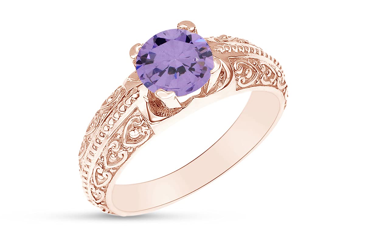 AFFY Round Shape Simulated Alexandrite In 14K Rose Gold Over 925 Sterling Silver Ring Size 6