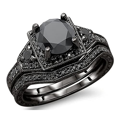 Purple Star Women's Round Cut Created Black Diamond Engagement Wedding Ring Bridal Set in 14K Black Gold Plated (9.5)