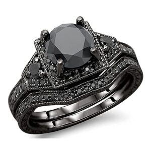 purple star women's round cut created black diamond engagement wedding ring bridal set in 14k black gold plated (9.5)