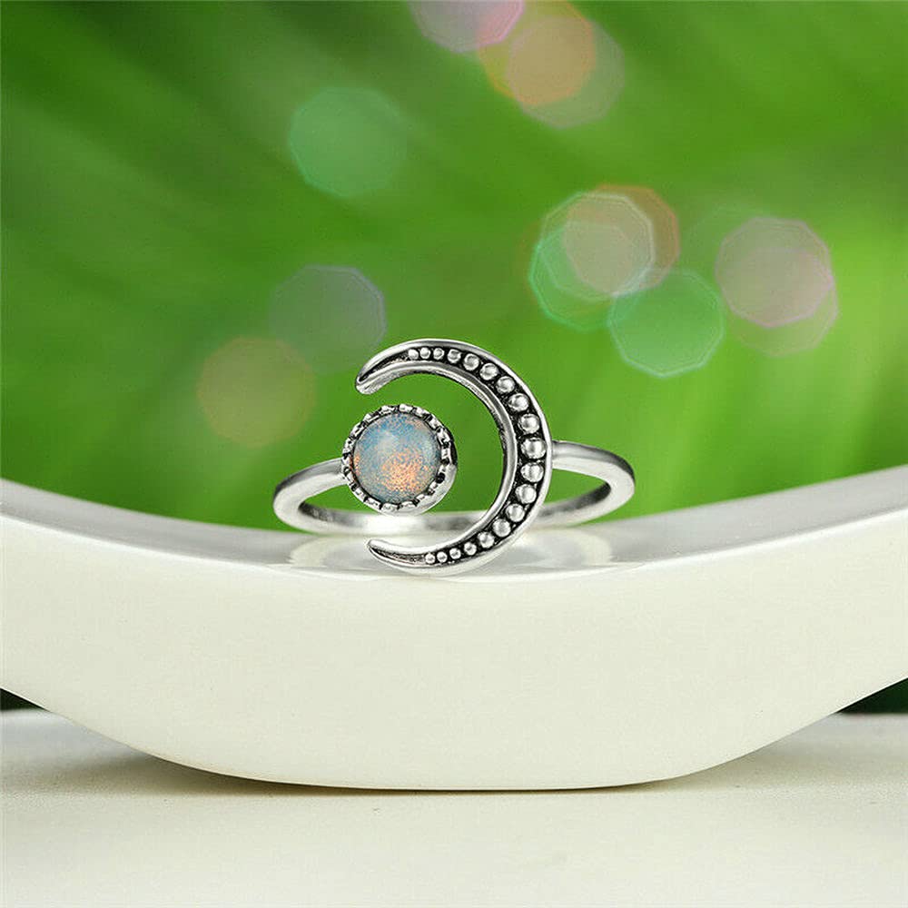 Oidims Created Moonstone Crescent Moon Thin Eternity Rings for Womens Dainty Minimalist Stacking Finger Ring Open Adjustable Expandable Best Friend Birthday Xmas Jewelry Gift