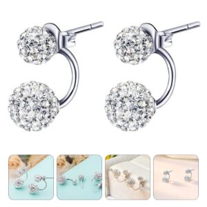 Generic 925 Sterling Silver Double Ball Earrings 1 Pair Chic Round Rhinestones Crystal Ear Studs Front Back 2 in 1 Diamond Earing Jewelrie Shiny Glittering Women Ear Ornament Piercing Retainers