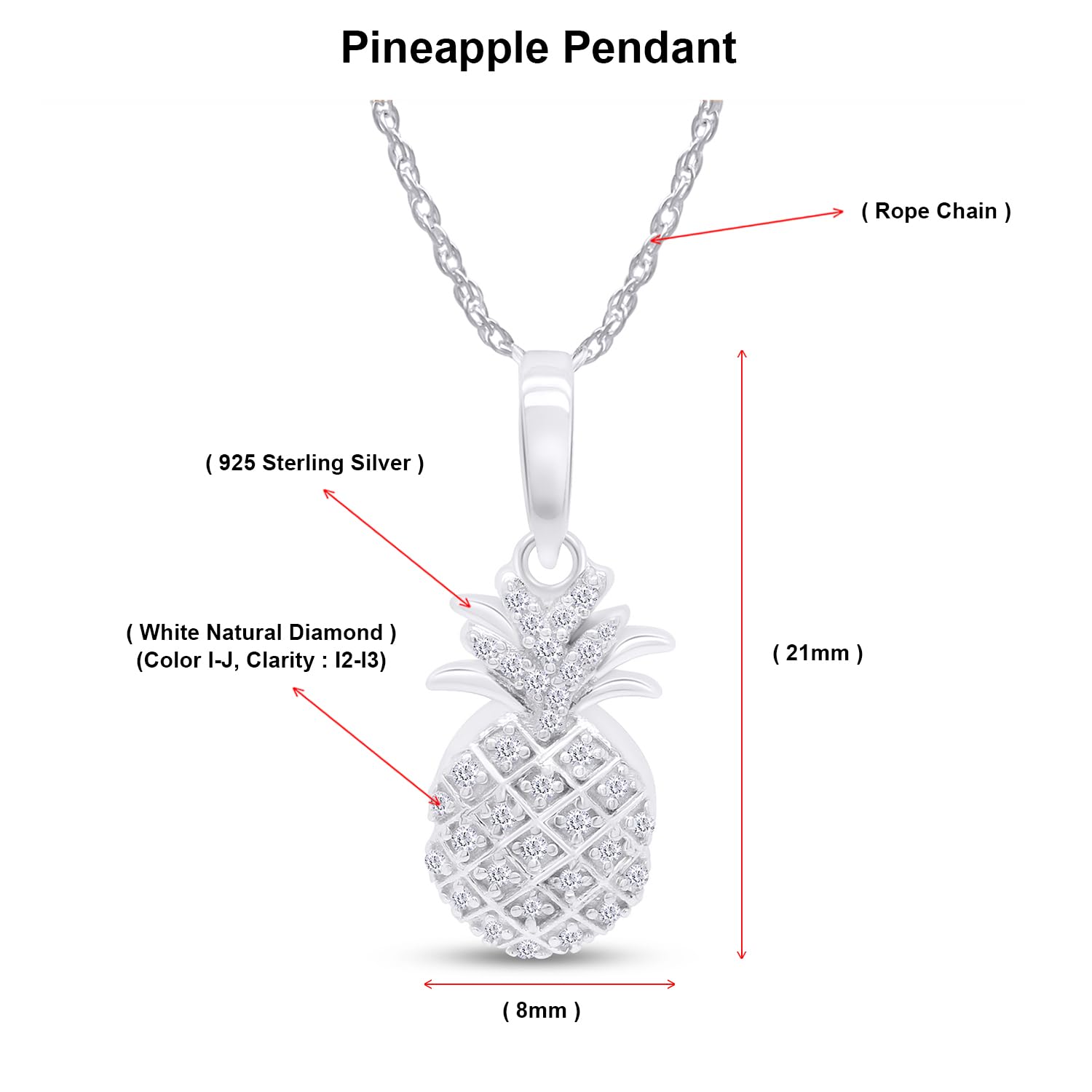 Round Cut Natural Diamond Pineapple Pendant Necklace For Women Along With 18" Chain In 14K White Gold Over Sterling Silver Jewelry (1/10 Cttw, I-J Color, I2-I3 Clarity)