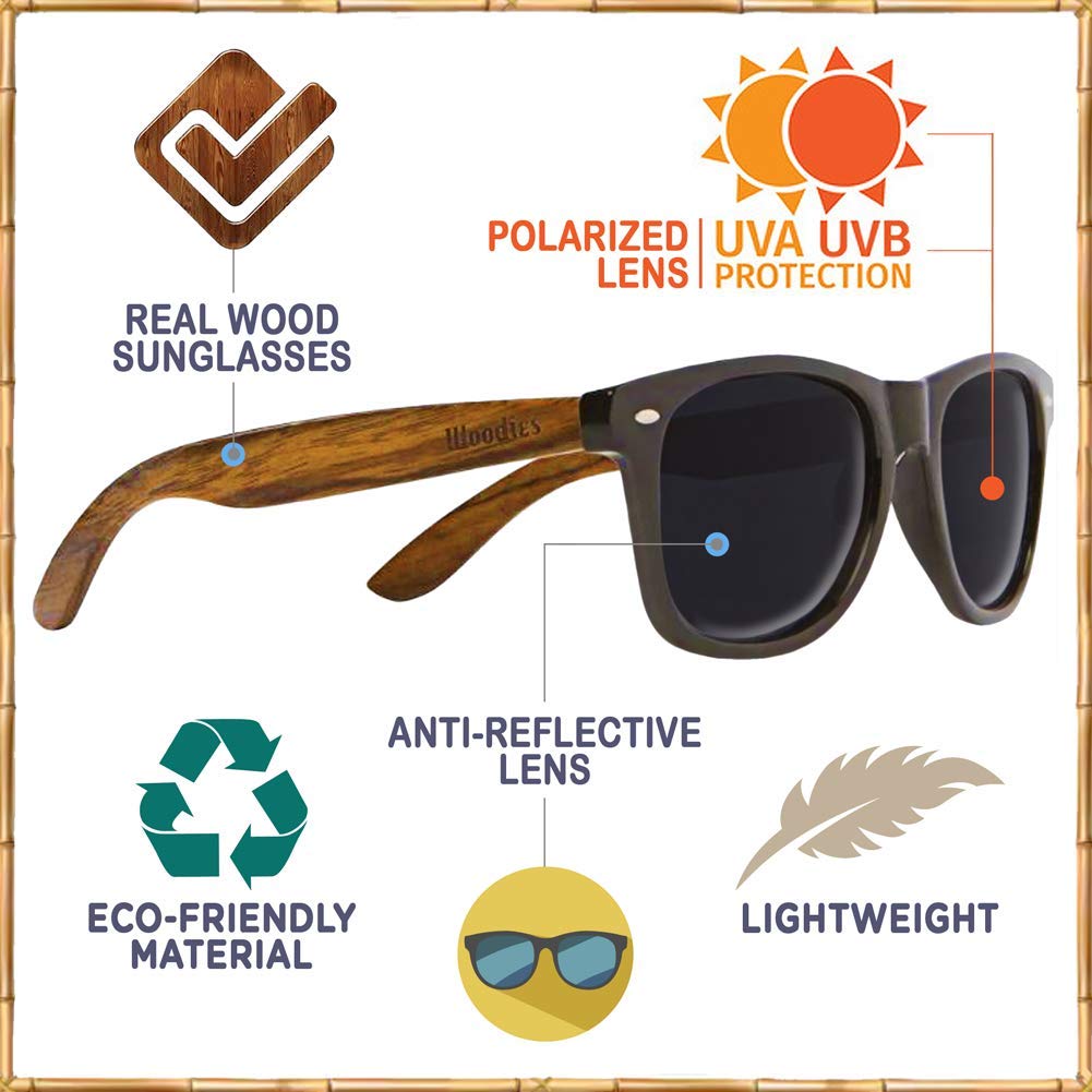 Woodies Six Wood Sunglasses Bulk All Walnut Wood Black Polarized Lenses 100% UVA/UVB Ray Protection