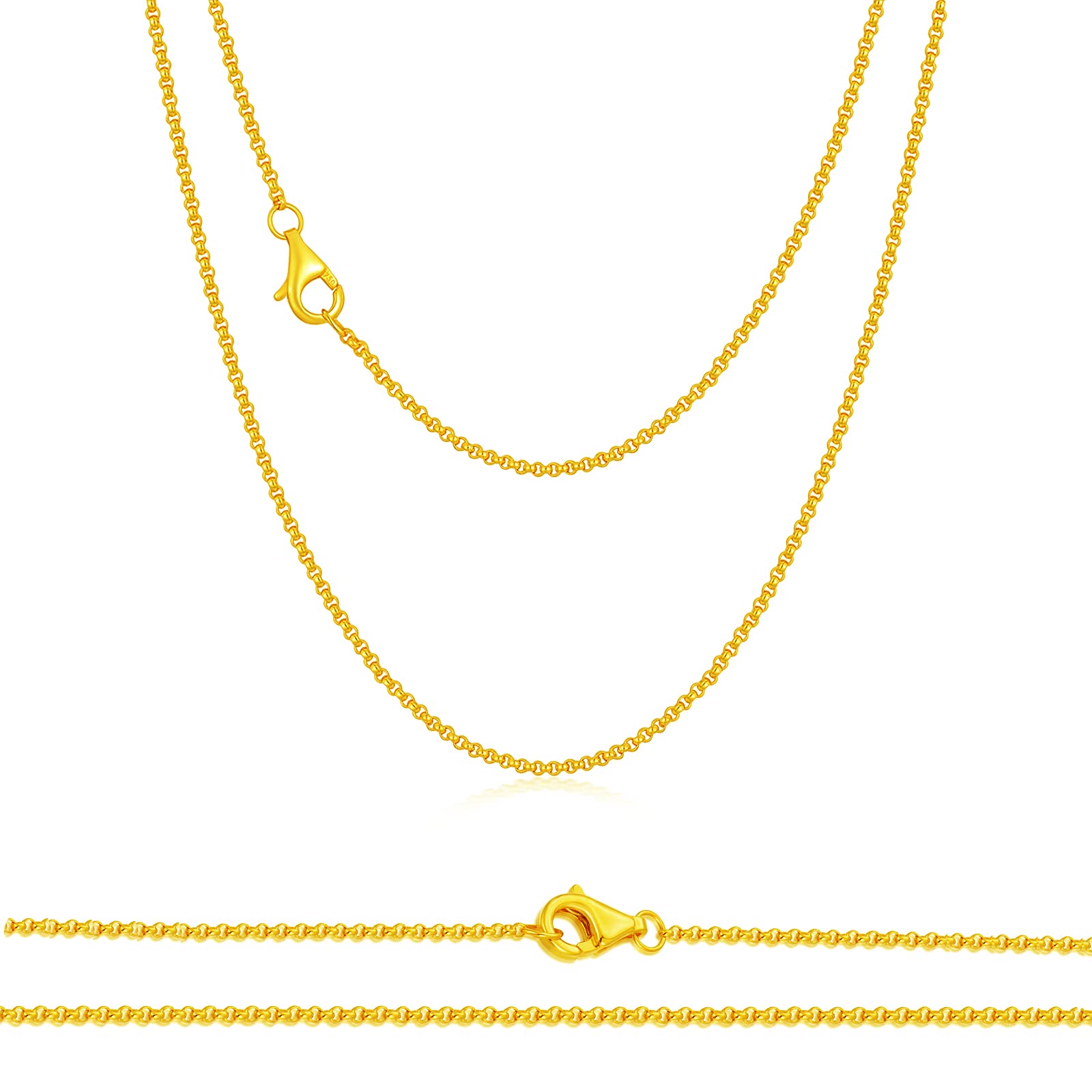 MRENITE Solid 18k Yellow Gold 1.3mm Round Rolo Cable Chain Necklace Gold Chain Necklaces Collection Lobster Clasp for Women 20"