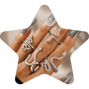 jwicos 4pcs silver punk snake style stackable finger rings for women gothic vintage open adjustable rings set gift for snake lover reptile lover