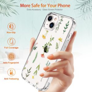 GiiKa for iPhone 13 Case with Screen Protector, Clear Full Body Protective Floral Girls Women Shockproof Hard Case with TPU Bumper Cover Phone Case for iPhone 13, Grass Flowers