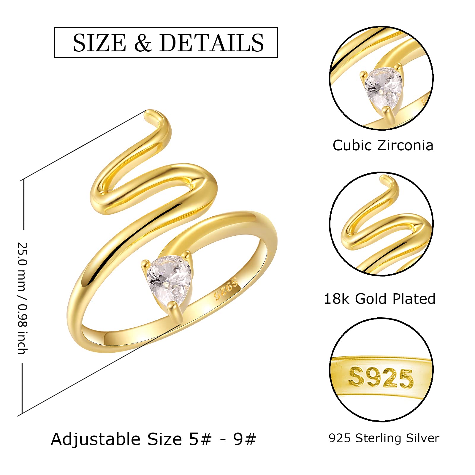 925-Sterling-Silver Snake Ring for Women - Cute Open Adjustable Ring Plated with Shiny White Gold/18K Gold,Whether You Snakes Lovers or Not,Personalized Fashion Jewelry is Worth Having