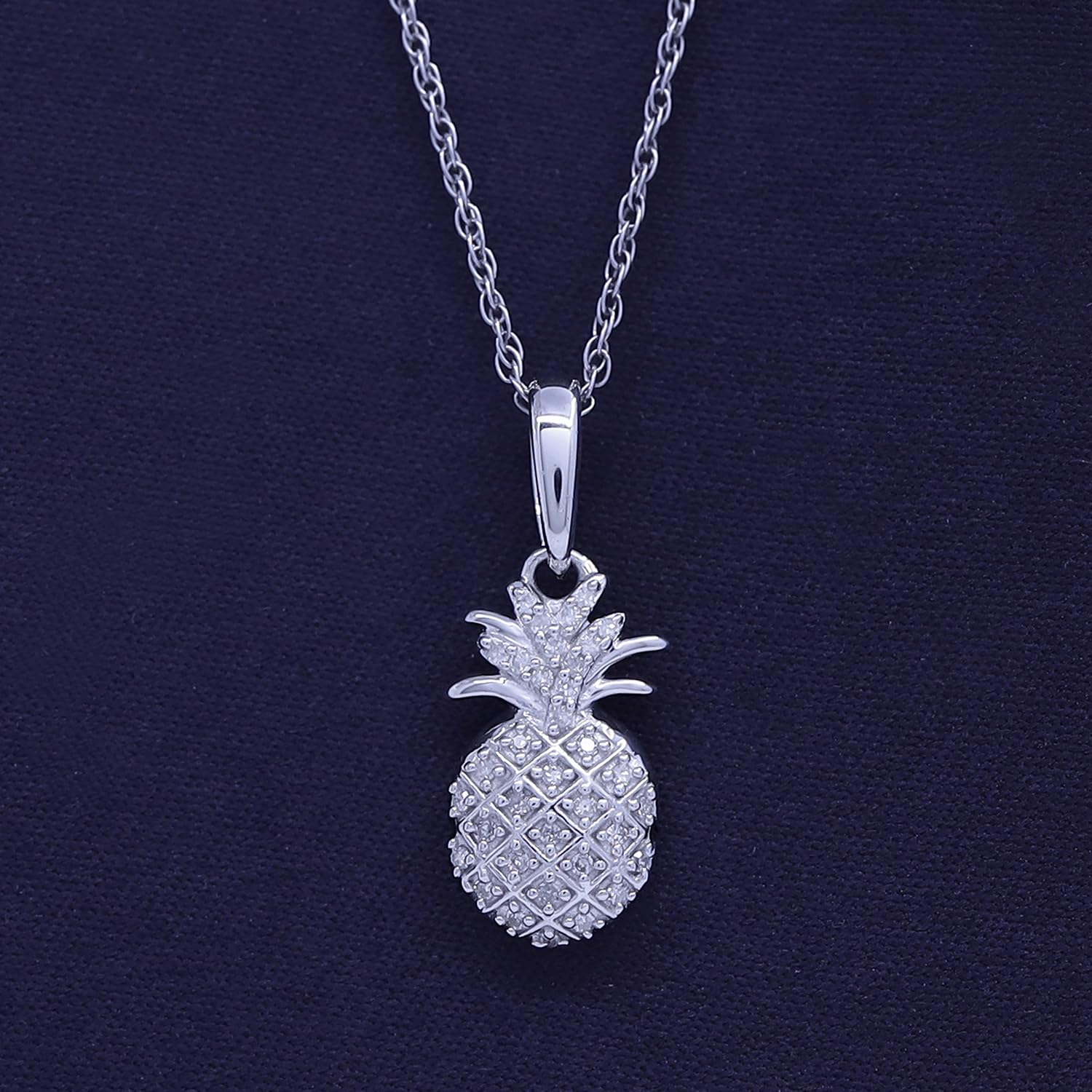 Round Cut Natural Diamond Pineapple Pendant Necklace For Women Along With 18" Chain In 14K White Gold Over Sterling Silver Jewelry (1/10 Cttw, I-J Color, I2-I3 Clarity)