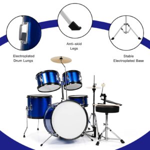 Costzon 16” Kids Drum Set, 5-Piece Full Size Complete Junior Drum Set with Adjustable Throne, Cymbal, Hi-Hat, Pedal & Drumsticks, Beginner Drum Kit with Bass Snare Tom Drum, Age 3-12, Blue