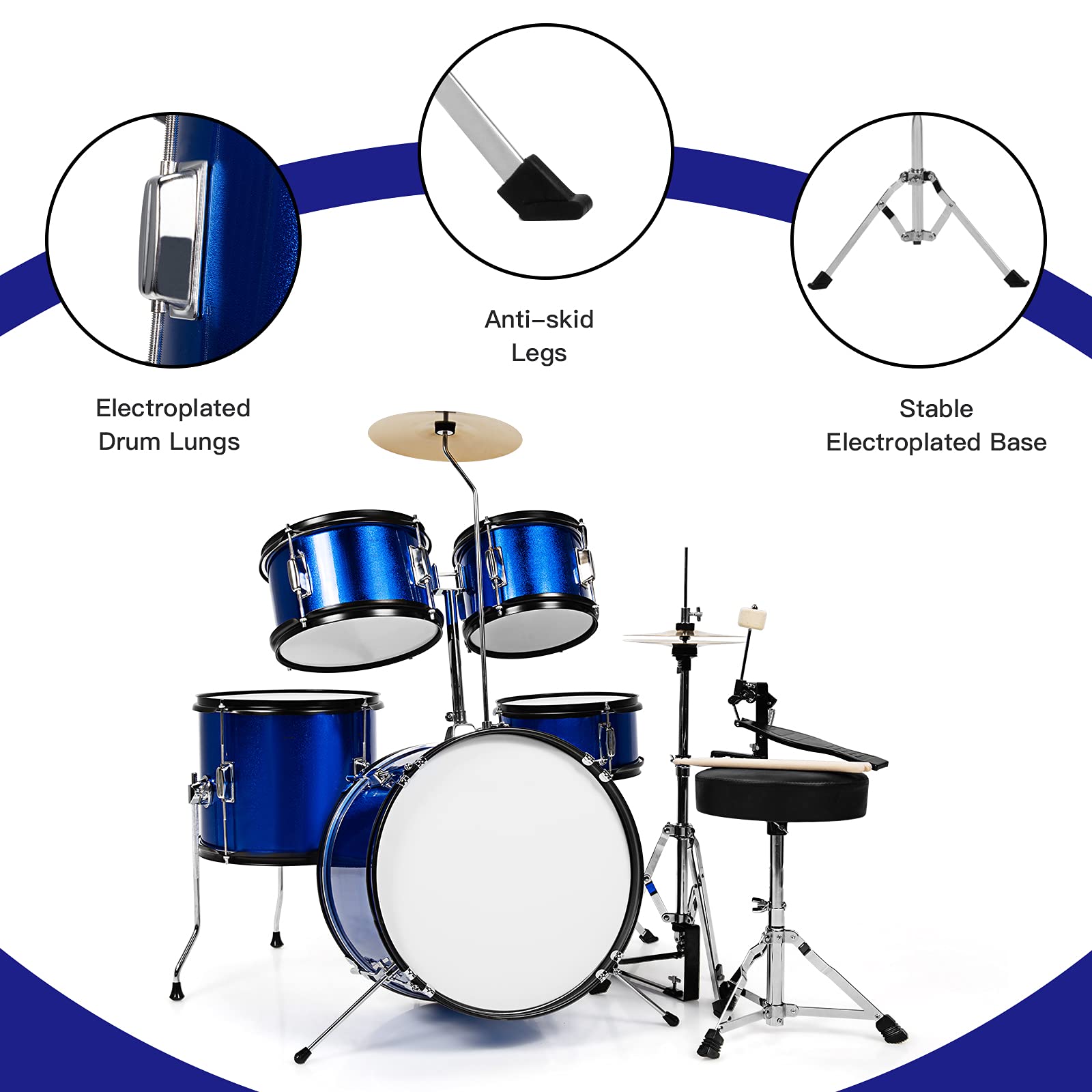 Costzon 16” Kids Drum Set, 5-Piece Full Size Complete Junior Drum Set with Adjustable Throne, Cymbal, Hi-Hat, Pedal & Drumsticks, Beginner Drum Kit with Bass Snare Tom Drum, Age 3-12, Blue