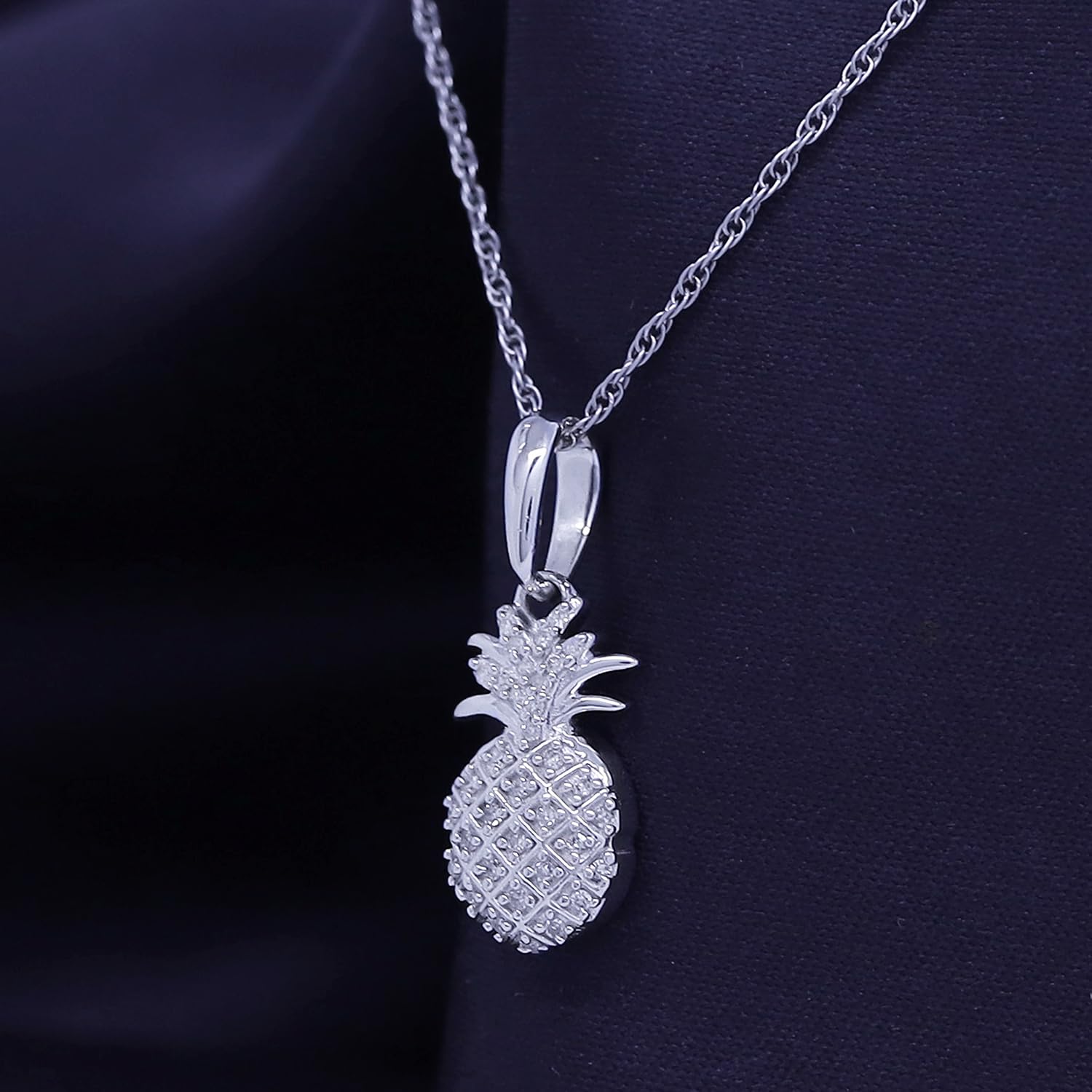 Round Cut Natural Diamond Pineapple Pendant Necklace For Women Along With 18" Chain In 14K White Gold Over Sterling Silver Jewelry (1/10 Cttw, I-J Color, I2-I3 Clarity)