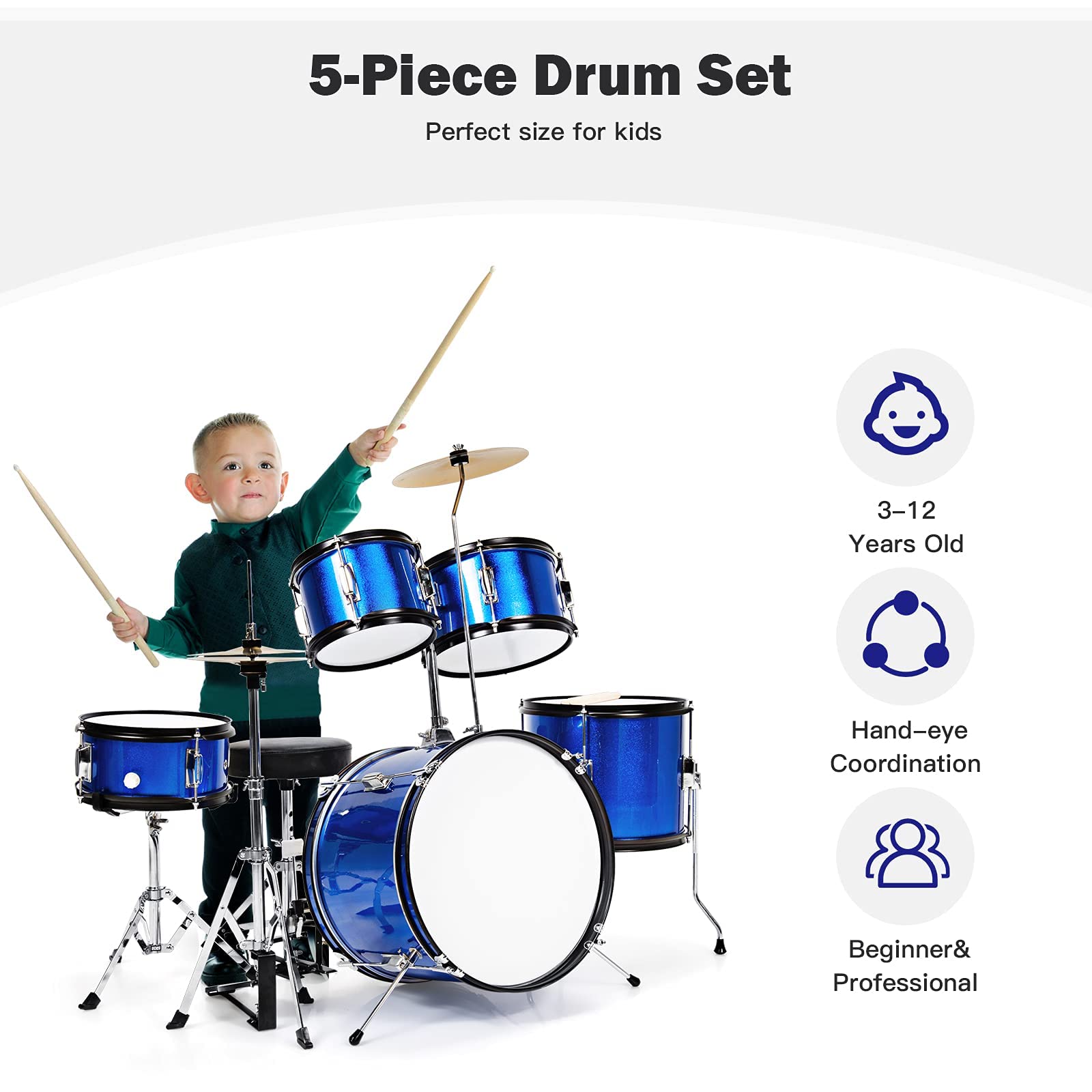 Costzon 16” Kids Drum Set, 5-Piece Full Size Complete Junior Drum Set with Adjustable Throne, Cymbal, Hi-Hat, Pedal & Drumsticks, Beginner Drum Kit with Bass Snare Tom Drum, Age 3-12, Blue