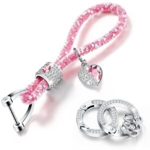 crystal car keychain bling keychain accessories glitter keyring strap with heart charm key decorations for women auto (pink)