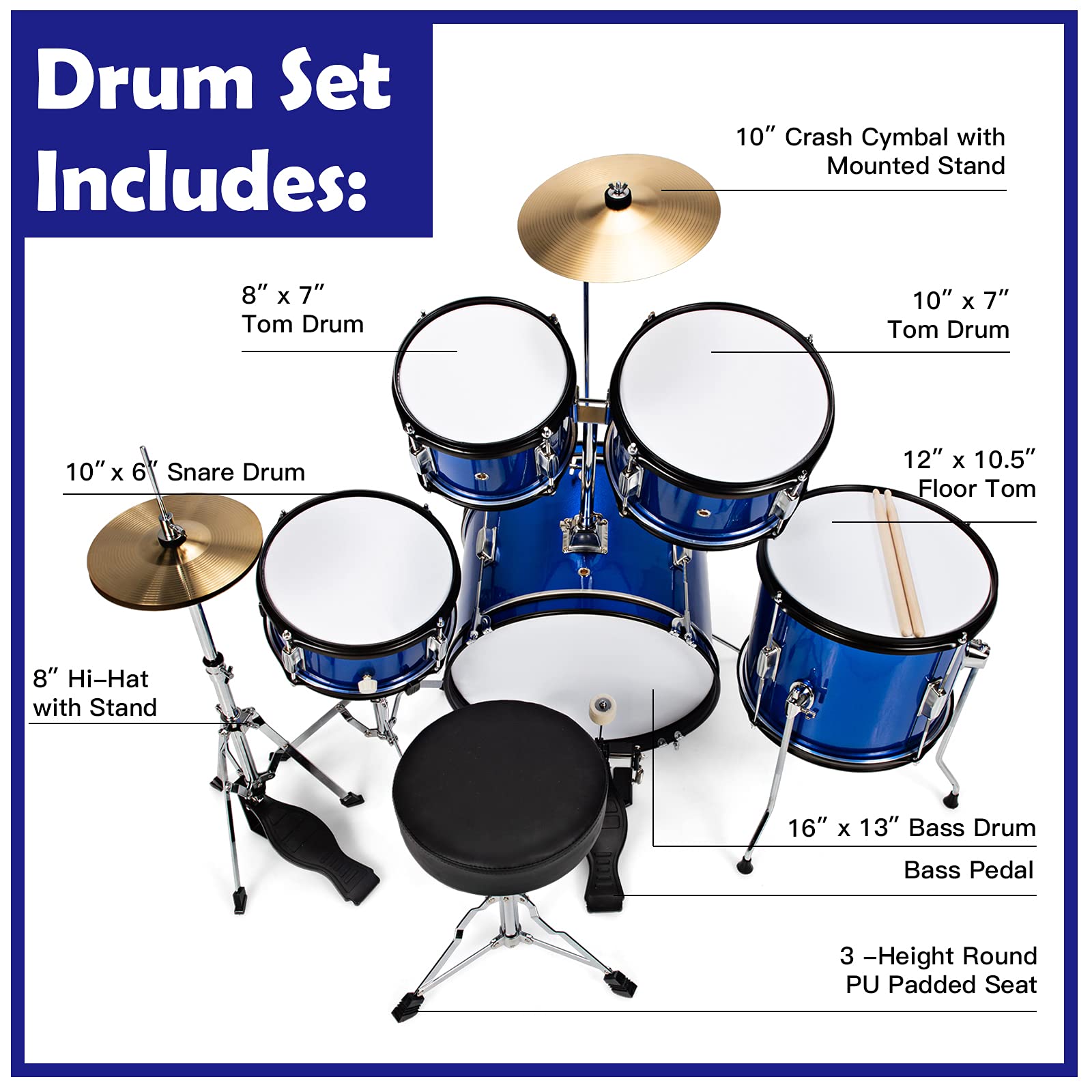 Costzon 16” Kids Drum Set, 5-Piece Full Size Complete Junior Drum Set with Adjustable Throne, Cymbal, Hi-Hat, Pedal & Drumsticks, Beginner Drum Kit with Bass Snare Tom Drum, Age 3-12, Blue