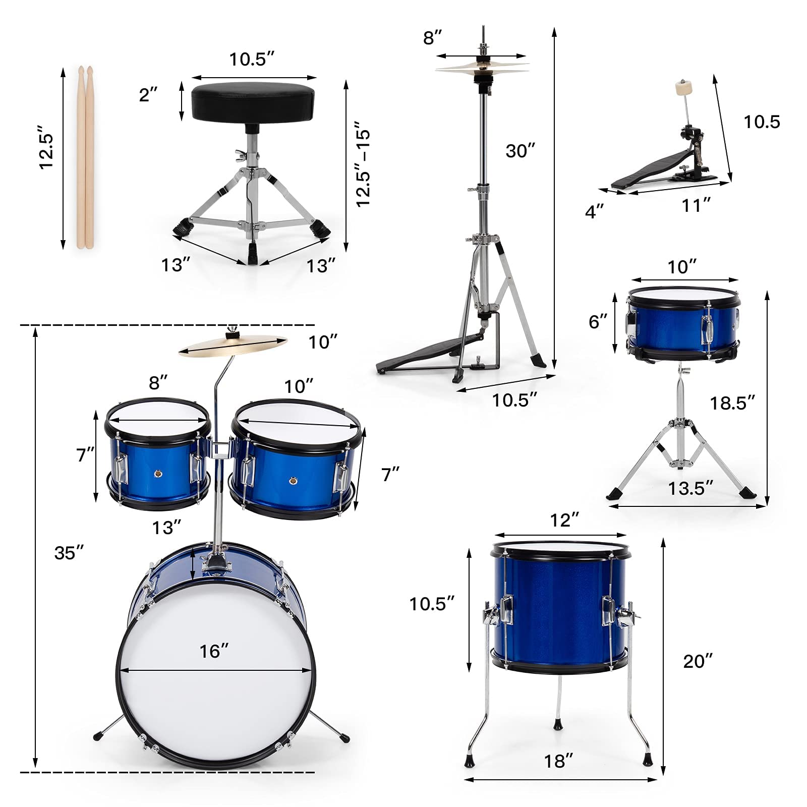 Costzon 16” Kids Drum Set, 5-Piece Full Size Complete Junior Drum Set with Adjustable Throne, Cymbal, Hi-Hat, Pedal & Drumsticks, Beginner Drum Kit with Bass Snare Tom Drum, Age 3-12, Blue