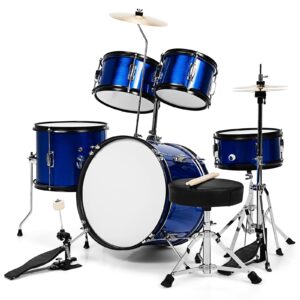 costzon 16” kids drum set, 5-piece full size complete junior drum set with adjustable throne, cymbal, hi-hat, pedal & drumsticks, beginner drum kit with bass snare tom drum, age 3-12, blue