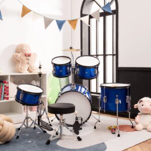 Costzon 16” Kids Drum Set, 5-Piece Full Size Complete Junior Drum Set with Adjustable Throne, Cymbal, Hi-Hat, Pedal & Drumsticks, Beginner Drum Kit with Bass Snare Tom Drum, Age 3-12, Blue