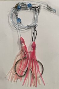 deep drop bait rig (with skirts) (pink and white, two 9/0 circle hooks)