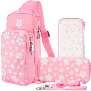 weewooday carrying case compatible with nintendo switch, switch lite, switch accessories, cute pink case shoulder bag sakura portable shoulder crossbody sling carrying storage bag, 2 pcs