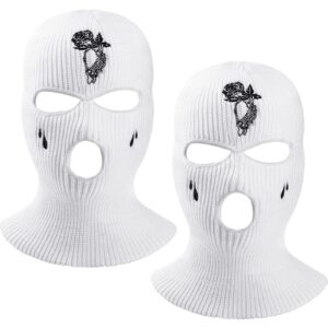 bencailor 2 pcs 3-hole knitted full face cover ski mask balaclava knitted mask beanie winter for outdoor cycling ski sports(white, rose style)