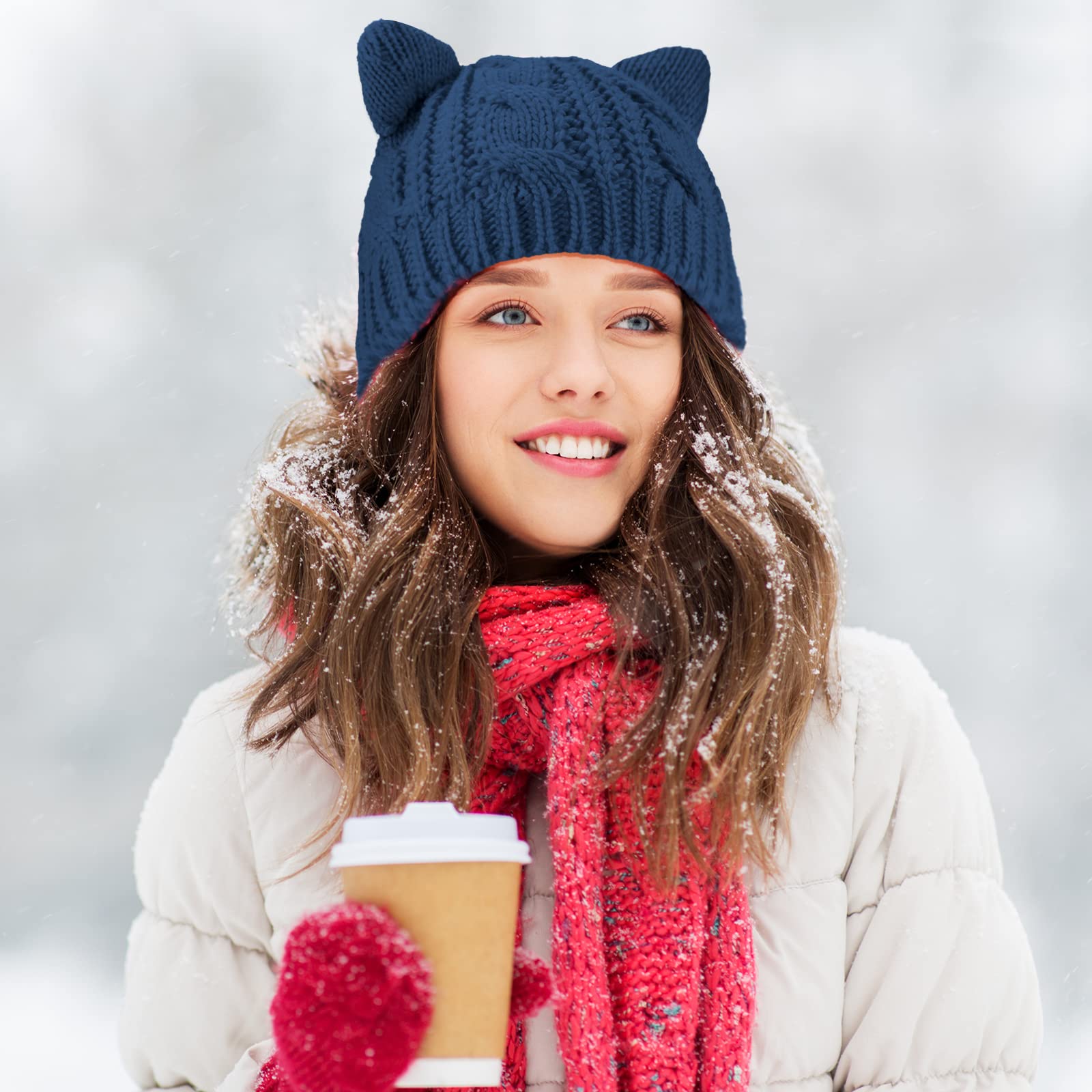 Cute Cat Ear Beanie Hat Cat Knitted Hat Winter Knit Cable Hat for Women Girls (Blue)