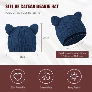 Cute Cat Ear Beanie Hat Cat Knitted Hat Winter Knit Cable Hat for Women Girls (Blue)