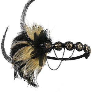 BABEYOND 1920s Sequined Showgirl Headpiece Feather Headband Flapper Gatsby Hair Accessories (Black Gold)