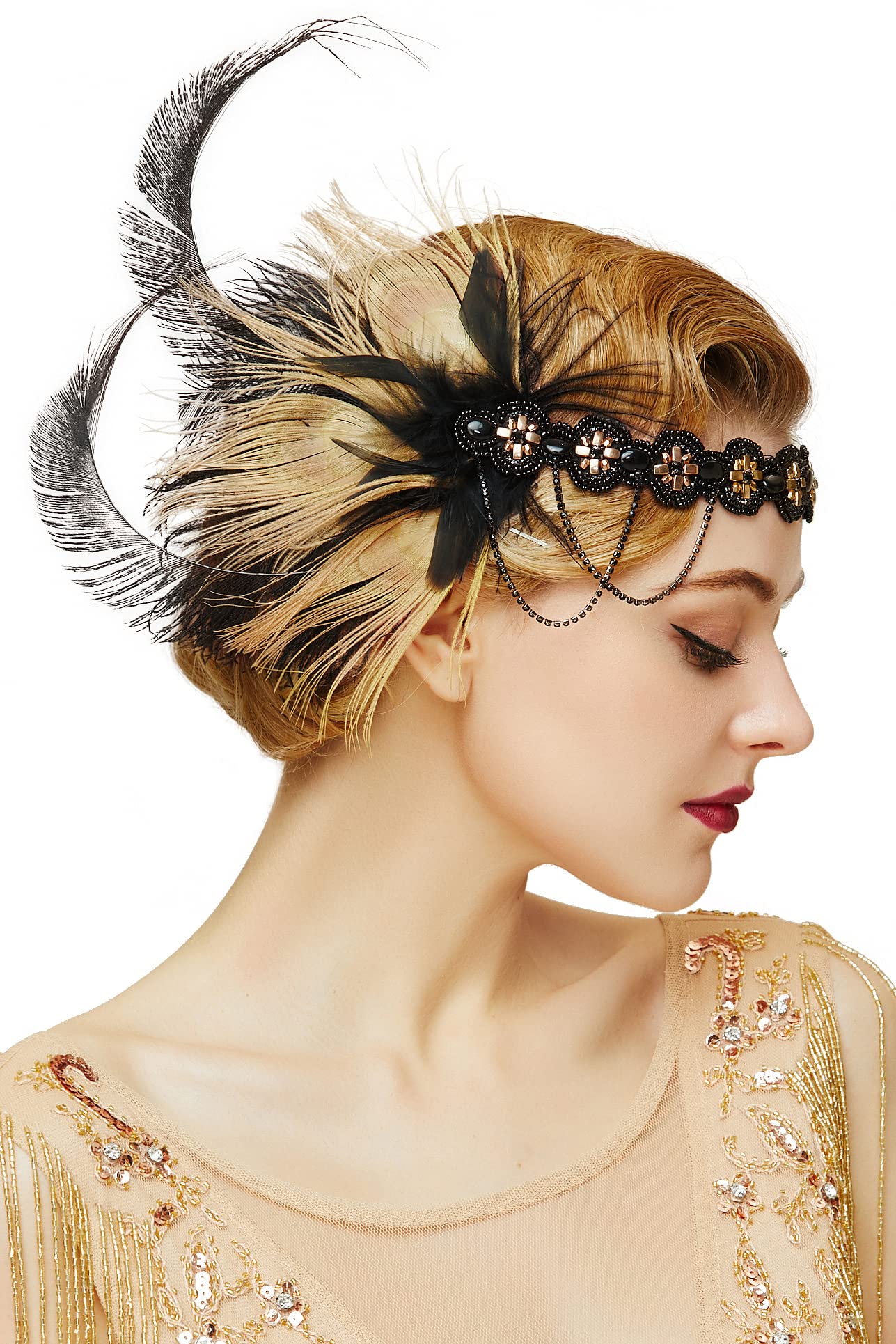 BABEYOND 1920s Sequined Showgirl Headpiece Feather Headband Flapper Gatsby Hair Accessories (Black Gold)