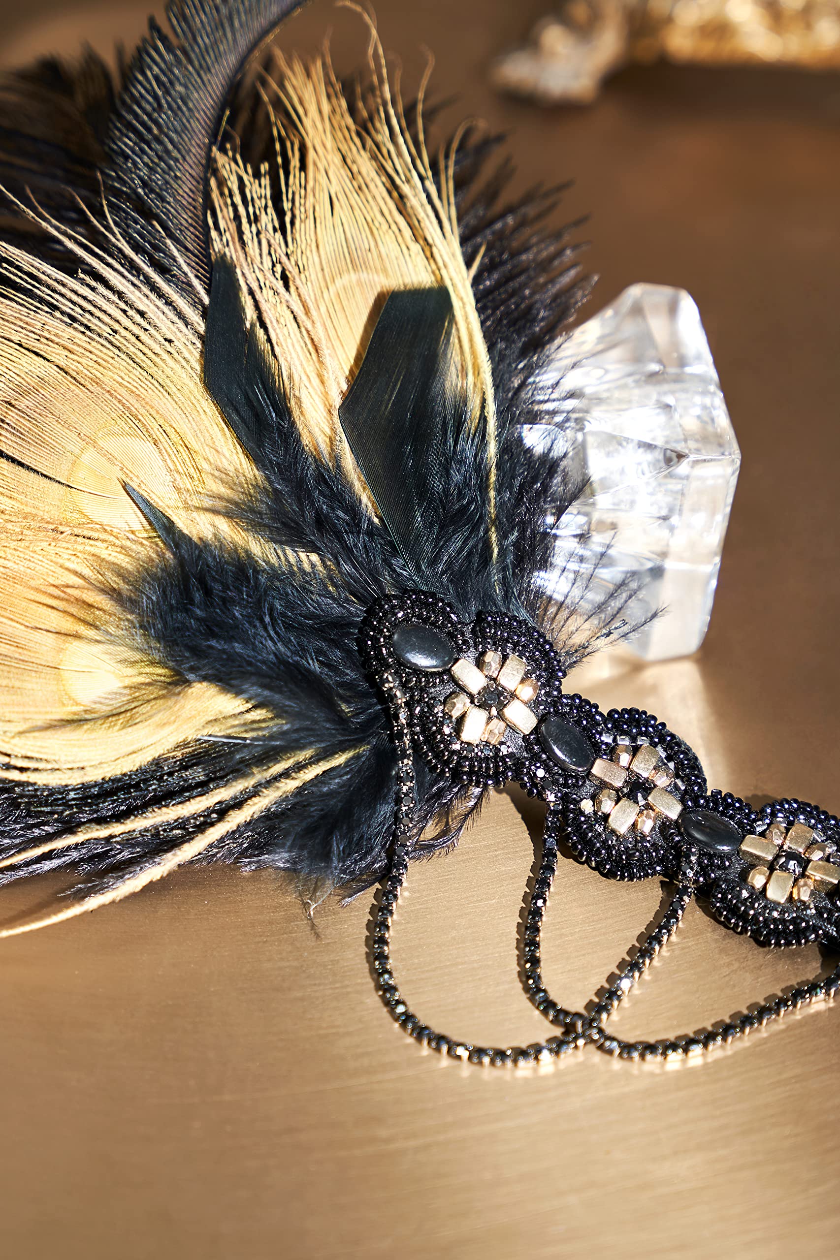 BABEYOND 1920s Sequined Showgirl Headpiece Feather Headband Flapper Gatsby Hair Accessories (Black Gold)