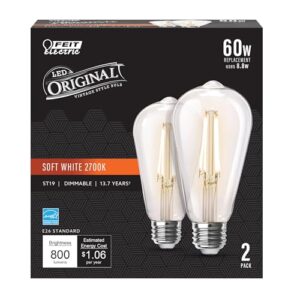 feit electric st19 vintage edison led light bulb, 60w equivalent, dimmable, 2700k soft white, 800 lumens, e26 base, retro filament light bulbs, 15,000-hour lifetime, st1960/cl/927ca/2, 2 pack