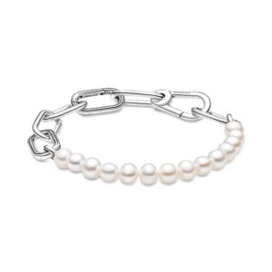 pandora me sterling silver link chain bracelet with freshwater cultured pearl for medallion charms, size 17.5, no box