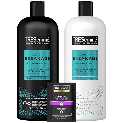 TRESemmé Anti Breakage Shampoo and Conditioner Set, Promotes Healthy Hair Growth, Reduces Dry Hair Breakage Up to 80%*, Vitamin E, Vitamin B12 and Gelatin, 28 Fl Oz Each. premium Packaging, Gift Set