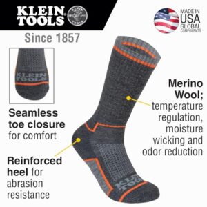 Klein Tools 60509 Thermal Socks, Merino Wool Performance Winter Socks, Mid-Length with Seamless Toe and Cushioned Foot Bed, XL