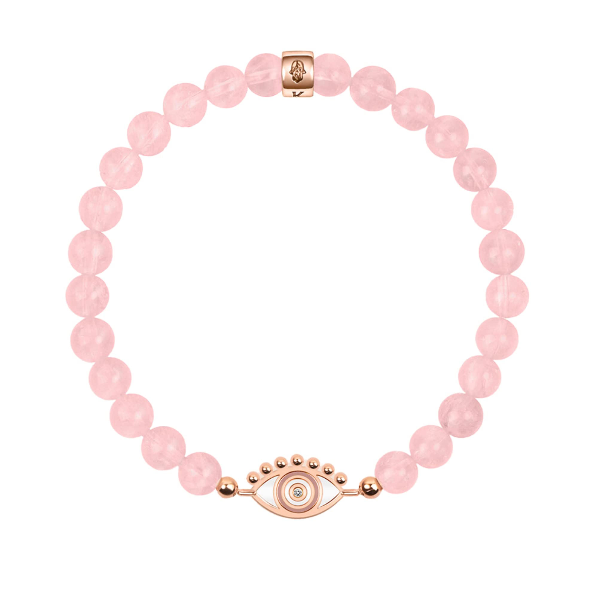 KARMA AND LUCK - Emotional Healing - Women's Real Rose Quartz 18K Rose Gold Plated Embedded Gorgeous Diamond Chip Evil Eye Charm Bracelet Handmade in Bali for Her