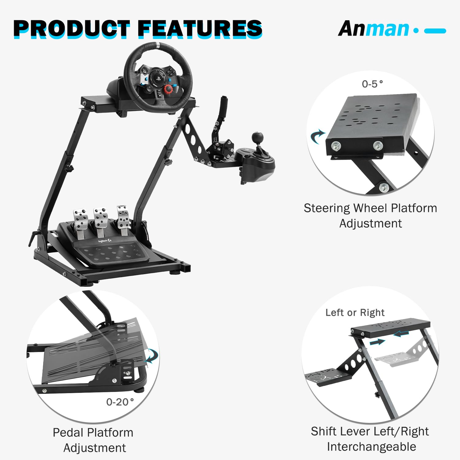 Anman G25 Racing Steering Wheel Cockpit Pro Gear Shifter Mount Fit for Logitech G27 G29,Fanatec,Thrustmaster T150 T150 pro,Adjustable Height & Angle,Racing Simulator Cockpit Foldable,No Pedal and stee