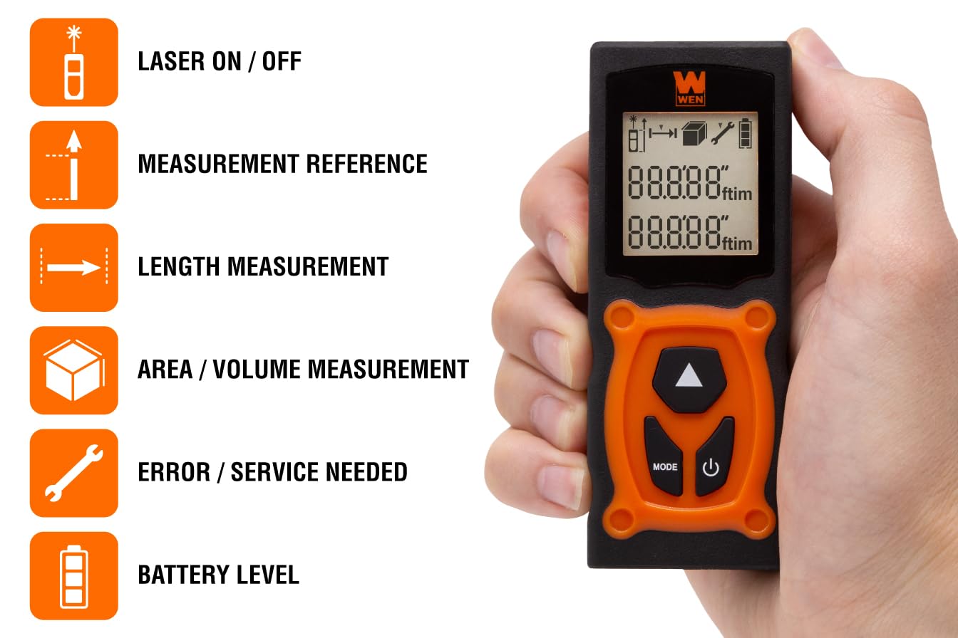 WEN 10130 Multi-Unit Compact Digital 130-Foot Laser Distance Measure with Backlit LED Screen