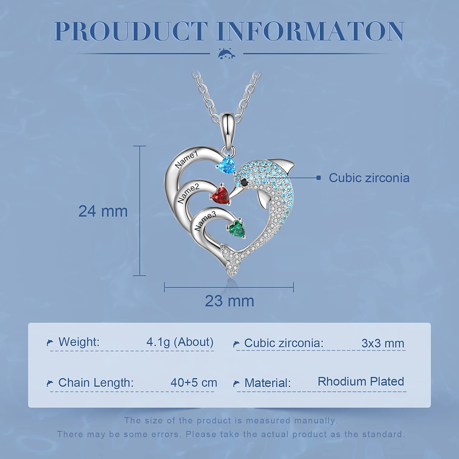 JewelOra Gifts for Mom Personalized Dolphin Necklace Customized Heart Necklace with Simulated Birthstone Engraved Name Necklace Pendant for Women Mom Cute Dolphin Animal Jewelry Gift(3 name)