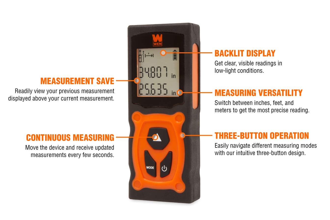 WEN 10130 Multi-Unit Compact Digital 130-Foot Laser Distance Measure with Backlit LED Screen