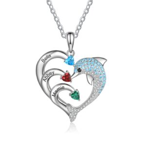 jewelora gifts for mom personalized dolphin necklace customized heart necklace with simulated birthstone engraved name necklace pendant for women mom cute dolphin animal jewelry gift(3 name)