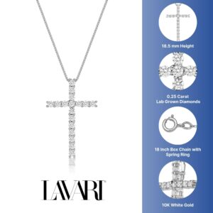 Lavari Jewelers 1/4 Carat Lab Grown Diamond Cross Pendant Necklace for Women - 10k White Gold Pendant - 18 Inch Long Chain Necklace (G-H, VS2-SI1, 0.25 cttw) Spring Ring