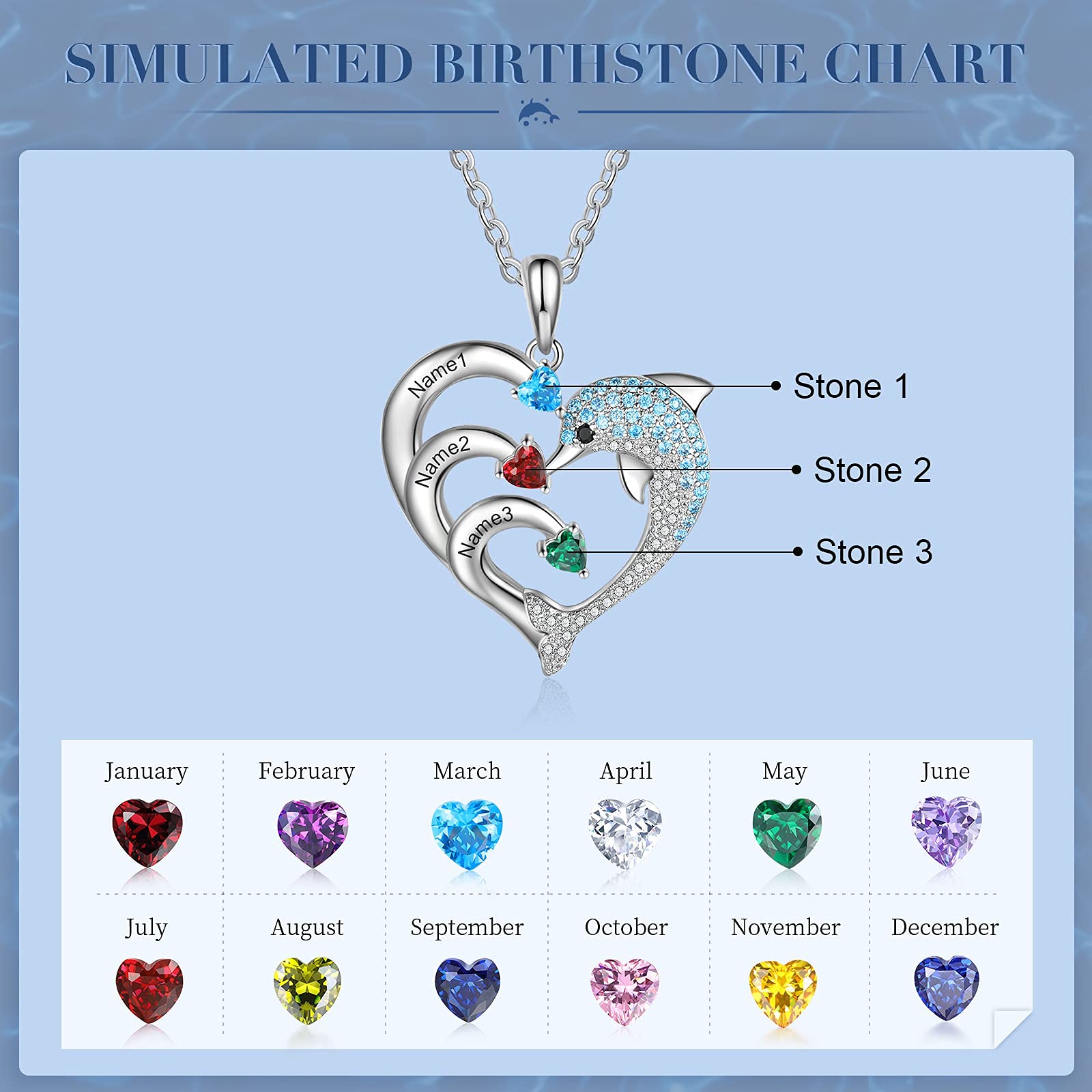 JewelOra Gifts for Mom Personalized Dolphin Necklace Customized Heart Necklace with Simulated Birthstone Engraved Name Necklace Pendant for Women Mom Cute Dolphin Animal Jewelry Gift(3 name)