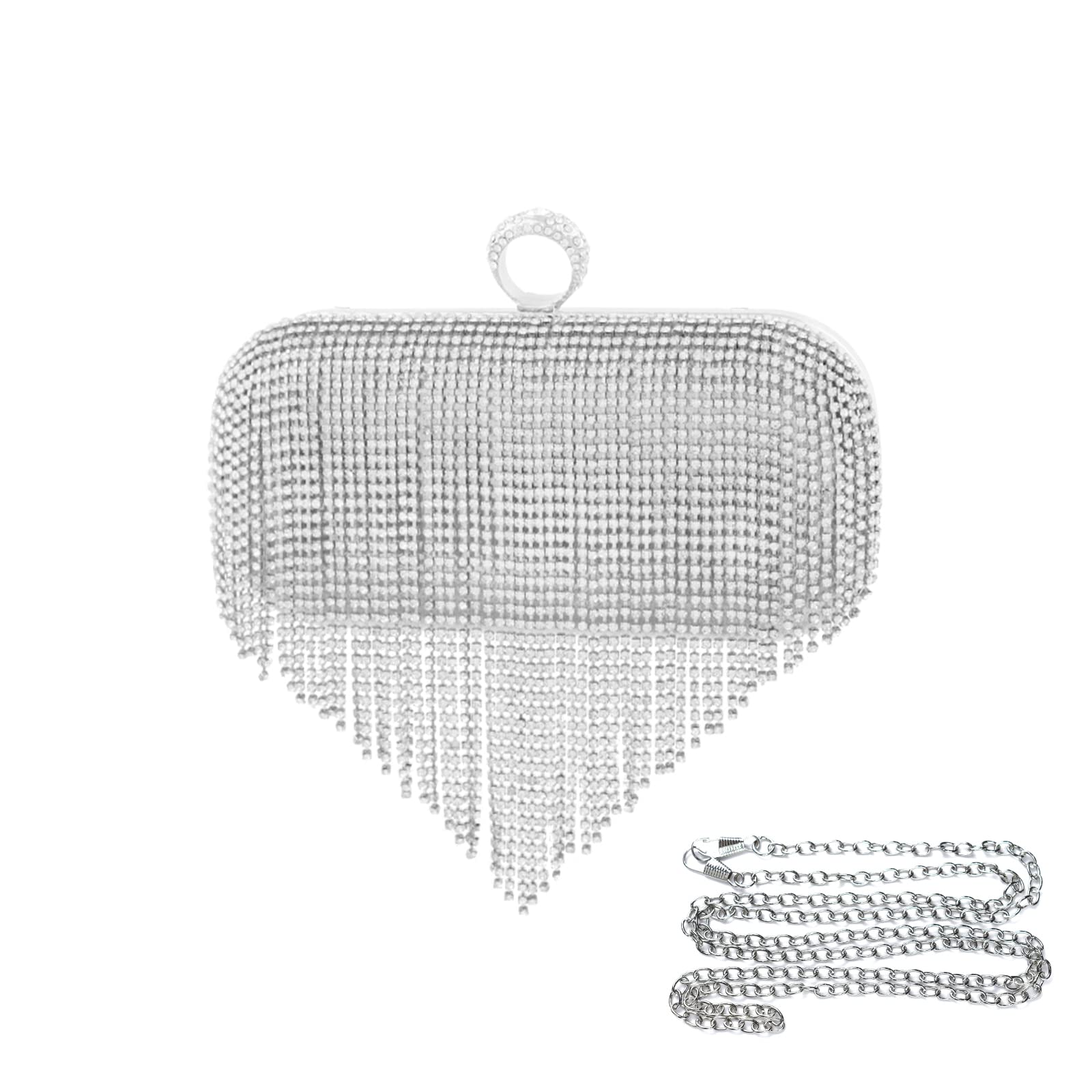 Bellawish Silver Clutch Purse for Women Evening Wedding Rhinestone Fringe Purse Women'S Evening Handbags for Party Prom Disco Club Cocktail