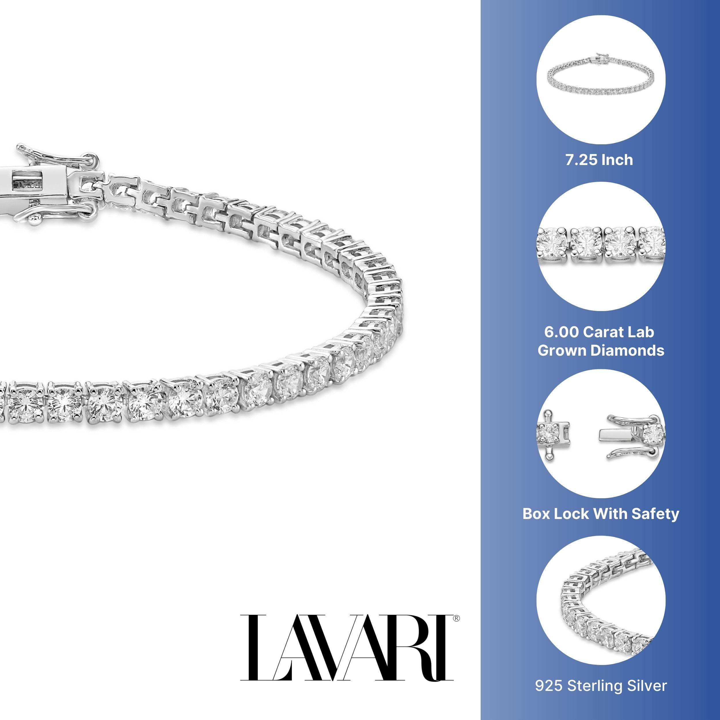 Lavari Jewelers 6 Carat Lab Grown Diamond Tennis Bracelet for Women - 925 Sterling Silver 7.25 Inches Long Bracelet (G-H, VS2-SI1, 6 cttw) Box with Tongue and Safety Clasp