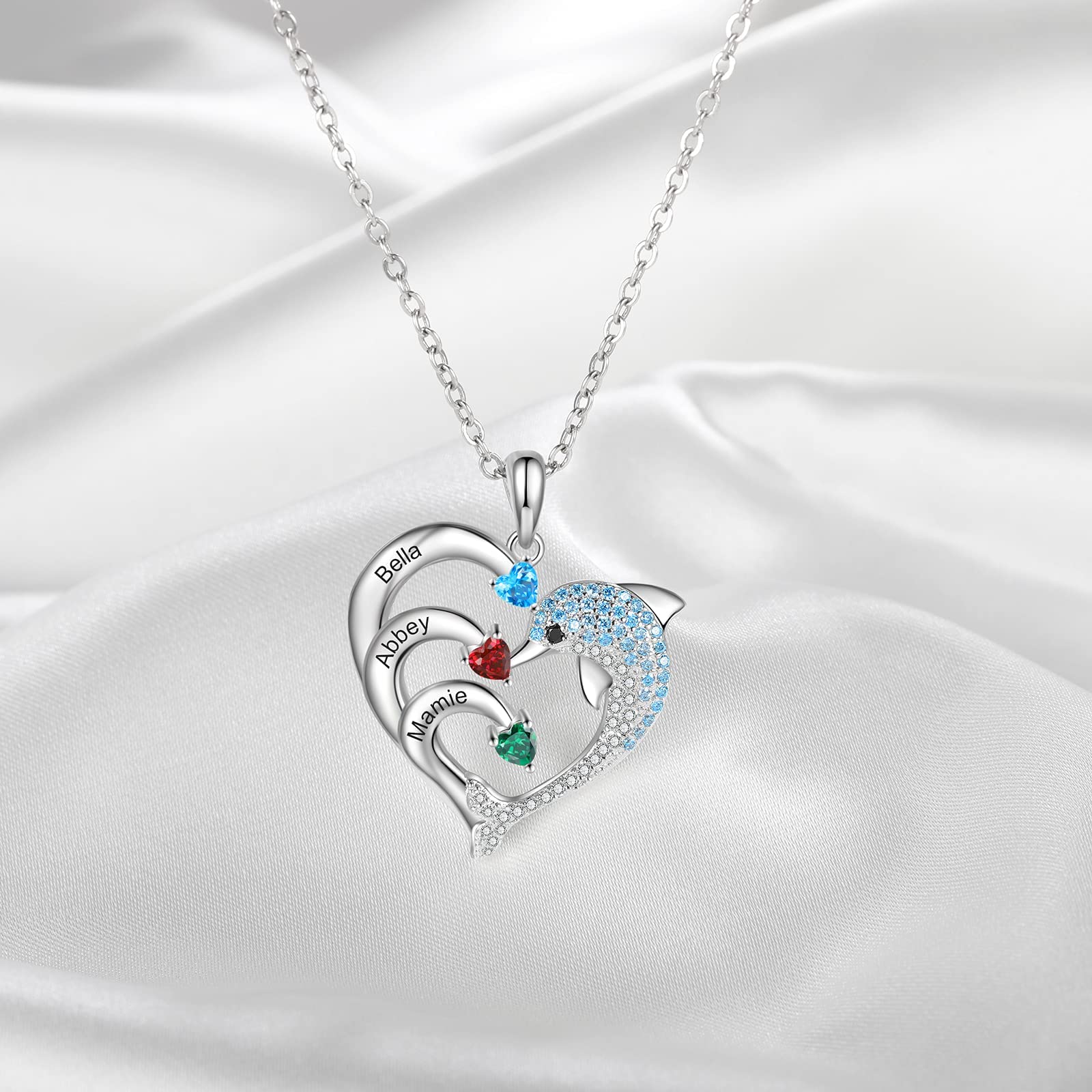 JewelOra Gifts for Mom Personalized Dolphin Necklace Customized Heart Necklace with Simulated Birthstone Engraved Name Necklace Pendant for Women Mom Cute Dolphin Animal Jewelry Gift(3 name)