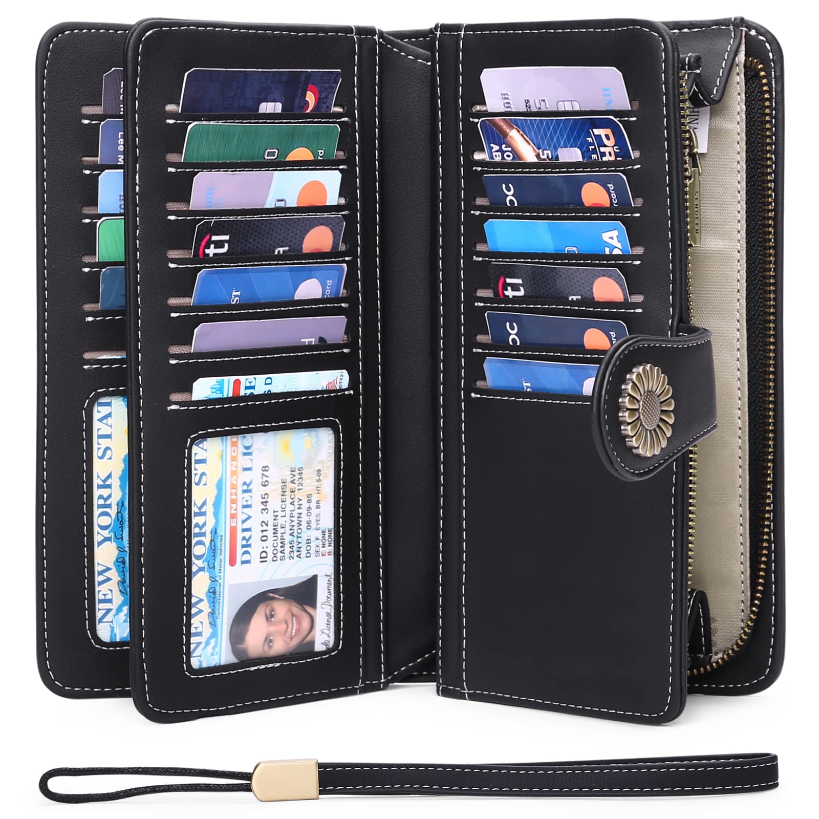 SENDEFN Wallets for Women Genuine Leather Credit Card Holder with RFID Blocking Large Capacity Wristlet