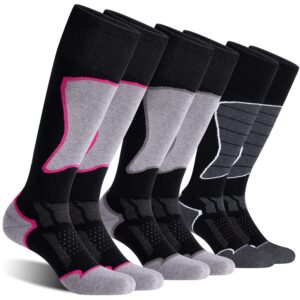 celersport 3 pack women's ski socks for skiing, snowboarding, cold weather, winter performance socks, black+dark grey, black+rose red, black+grey, small