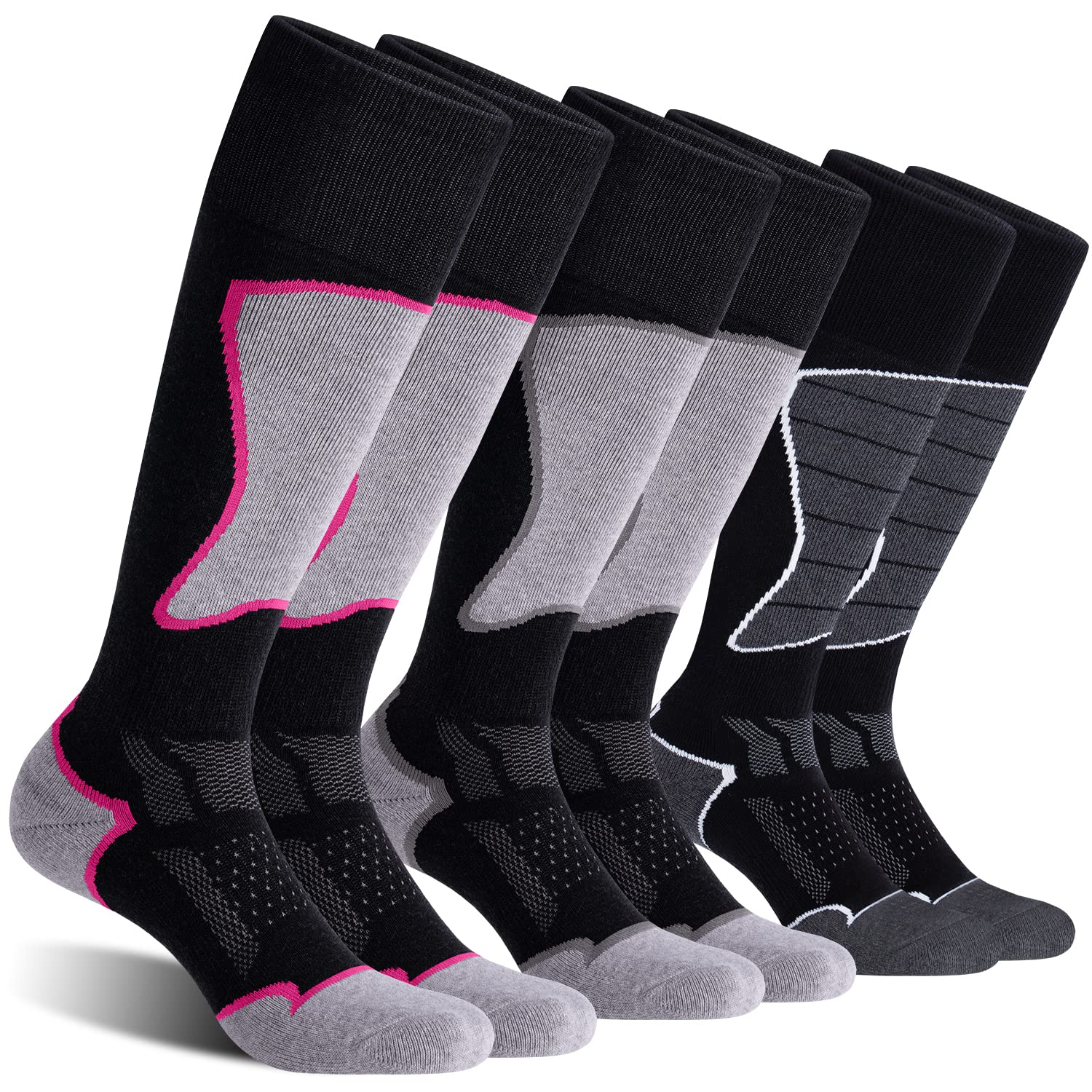 CelerSport 3 Pack Women's Ski Socks for Skiing, Snowboarding, Cold Weather, Winter Performance Socks, Black+Dark Grey, Black+Rose Red, Black+Grey, Small