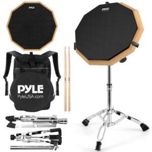 pyle 12” practice pad set with snare stand-double sided rubber silent dumb drumpad with drumming accessories, adjustable rack mount, pair of 5a drumsticks, travel bag, black (psdpkit10.5)